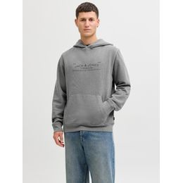 Jack & Jones Kapuzensweatshirt JACK & JONES "JPRBLUAIDEN HOOD SWEAT", Herren, Gr. L, schwarz, angeraute Sweatware, Obermaterial: 100% Baumwolle, bedruckt, regular fit normal, ohne Ausschnitt, Rippb&uuml;ndchen, Sweatshirts, Baumwolle, regular fit
