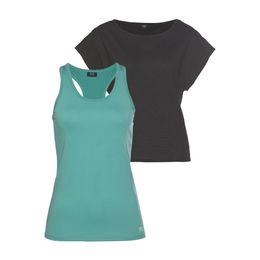 H.I.S. Trainingsshirt H.I.S "2-tlg. Shirt & Top", Damen, Gr. 40, bunt (schwarz, t&uuml;rkis), Obermaterial: 60% Baumwolle, 40% Polyester. Top: 95% Polyester, 5% Elasthan, bequem h&uuml;ftlang, Rundhals, Shirts, Kurzarm, bequeme Passform, sportlich, atmungsaktives Material