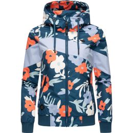 Outdoorjacke Ragwear "Nuggie Block Flower", Damen, Gr. L (40), blau (petrol), Au&szlig;enmaterial: 100% Polyester; Innenfutter: 100% Polyester, gerade h&uuml;ftbedeckend, eng Rippstrickb&uuml;ndchen, Jacken Outdoorjacke, modische Damen Freizeitjacke mit floralem Print