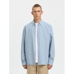 Langarmhemd Selected "SLHREGCLAY LINENBLEND LS SHIRT CLA NOOS", Herren, Gr. M, N-Gr, dusty blau stripes:wei&szlig;, Web, Obermaterial: 55% Leinen, 45% Baumwolle, gestreift, regular fit, Hemden