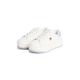 Plateausneaker Tommy Jeans "PLATFORM LOGO SNEAKER", Damen, Gr. 36, ecru, hellblau, Leder, Lederimitat, unifarben mit Farbeinsatz, Schuhe Plateausneaker, Schn&uuml;rschuh, Halbschuh, Freizeitschuh mit seitlicher Logoflag