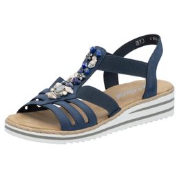Riemchensandale Rieker, Damen, Gr. 40, blau (jeansblau), Lederimitat, Schuhe Riemchensandale, Sommerschuh, Sandalette, Keilabsatz, mit sommerlicher Verzierung