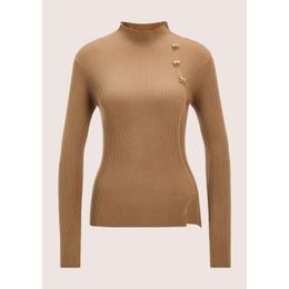 Madeleine Mode Longpullover MADELEINE "Strickpullover Stilvoller Viskosepullover mit edlen Broschen", Damen, Gr. 40, braun (caramel), Obermaterial: 65% Viskose CV. 35% Polyamid PA., Pullover Longpullover