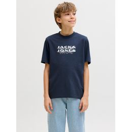 Jack & Jones T-Shirt JACK & JONES JUNIOR "JCOFUSION JJ BRANDING TEE SS CN JNR", Jungen, Gr. 128, outer space, Single Jersey, Obermaterial: 58% Polyester, 42% Baumwolle, bedruckt, relaxed fit normal, Rundhals, Shirts T-Shirt