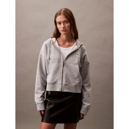 Sweatjacke Calvin Klein Jeans "MNLG FRNCH TRRY FZ B", Damen, Gr. L (42), grau (heroic grau heather), Web, Obermaterial: 86% Baumwolle, 14% Polyester, meliert, regular fit kurz, Rundhals, eingesetzt Rippb&uuml;ndchen, Sweatjacken Sweatjacke, Mit Rundhalsausschnitt