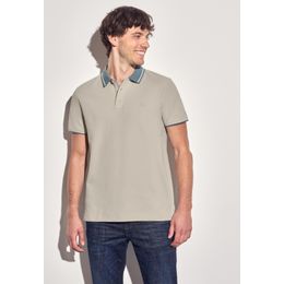 Poloshirt Street One MEN, Herren, Gr. L (42), beige (basic beige), Web, 100% Baumwolle, unifarben, normal normal, hoch geschlossener Ausschnitt, B&uuml;ndchen, Shirts, mit Kontrastdetails