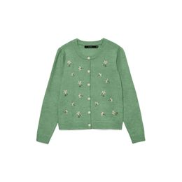 V&eacute;ro Moda Strickjacke VERO MODA "VMFIORELLA EMB LS O-NECK SHORT CARD BOO", Damen, Gr. S, mistletoe detail:melange with embroidery, Strick, Obermaterial: 79% Polyester, 13% Polyacryl, 5% Wolle, 3% Elasthan, bestickt, meliert, regular fit normal, Rundhals, Strickjacken Strickjacke, mit Blumenstickerei