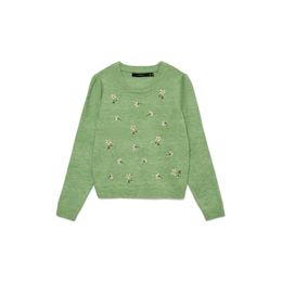V&eacute;ro Moda Wollpullover VERO MODA "VMFIORELLA EMB LS O-NECK SHORT PULL BOO", Damen, Gr. L, mistletoe detail:melange with embro as sample, Strick, Obermaterial: 79% Polyester, 13% Polyacryl, 5% Wolle, 3% Elasthan, bestickt, meliert, regular fit normal, Rundhals, Strickb&uuml;ndchen, Pullover, mit Blumenstickerei