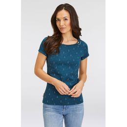 T-Shirt Ragwear "FLORAH A ORGANIC O", Damen, Gr. XXL (44), blau (petrol), Single Jersey, Obermaterial: 70% Baumwolle, 30% Polyester, bedruckt, gemustert, kontrastfarbene Details, mehrfarbig, figurbetont normal, Rundhals, Shirts T-Shirt, mit maritimen Anker-Allover-Druck