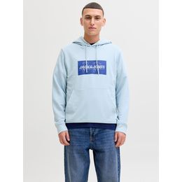 Jack & Jones Kapuzensweatshirt JACK & JONES "JJCOLE PRINT SWEAT HOOD UNB", Herren, Gr. XL, celestial blau, angeraute Sweatware, Obermaterial: 60% Baumwolle, 40% Polyester, bedruckt, regular fit, Rippb&uuml;ndchen, Sweatshirts