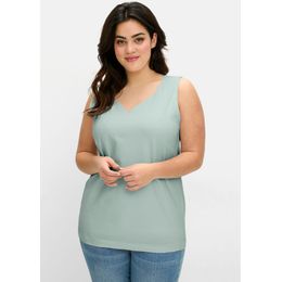Tanktop sheego, Damen, Gr. 54, kalkmint, 95% Baumwolle, 5% Elasthan, unifarben, V-Ausschnitt, Tops Tanktop