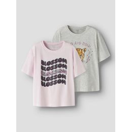 T-Shirt name it "NKFBENNA 2P SS NREG TOP BOX PB", Jungen, Gr. 116, tender touch pack:light grau melange, Jersey, Obermaterial: 100% Baumwolle, bedruckt, meliert, normal normal, Rundhals, Shirts T-Shirt