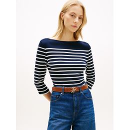 3/4-Arm-Shirt Tommy Hilfiger "NEW CODY SLIM BOAT-NK 3/4SLV", Damen, Gr. L (42/44), schwarz night navy, ecru stripe, Jersey, Obermaterial: 100% Baumwolle, gestreift, slim fit h&uuml;ftlang, U-Boot-Ausschnitt, abgesteppt, Shirts 3/4-Arm-Shirt, mit Logostickerei