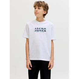 Jack & Jones T-Shirt JACK & JONES JUNIOR "JCOFUSION JJ BRANDING TEE SS CN JNR", Jungen, Gr. 140, hellwei&szlig;, Single Jersey, Obermaterial: 58% Polyester, 42% Baumwolle, bedruckt, relaxed fit normal, Rundhals, Shirts T-Shirt