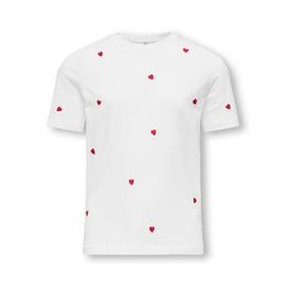 T-Shirt KIDS Only "KOGKETTY LIFE S/S O-NECK TOP JRS NOOS", M&auml;dchen, Gr. 110/116, hellwei&szlig; aop:hearts, barbados cherry, Jersey, Obermaterial: 100% Baumwolle, bedruckt, Basic normal, Rundhals, Shirts T-Shirt