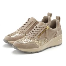 Sneaker Lascana "Freizeitschuh, Halbschuh", Damen, Gr. 37, beige, Obermaterial: 100% Rindsleder. Decksohle: 100% Textilmaterial. Futter: 100% Textilmaterial. Laufsohle: 100% Synthetik, Veloursleder, unifarben, Basic, Schuhe Sneaker, aus Leder mit innenliegendem Keilabsatz und Leo-Druck