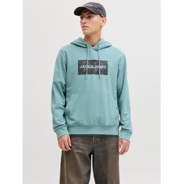 Jack & Jones Kapuzensweatshirt JACK & JONES "JJCOLE PRINT SWEAT HOOD UNB", Herren, Gr. XL, gr&uuml;n (mineral blau), angeraute Sweatware, Obermaterial: 60% Baumwolle, 40% Polyester, bedruckt, regular fit, Rippb&uuml;ndchen, Sweatshirts