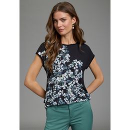Shirtbluse Laura Scott, Damen, Gr. 34, schwarz, gebl&uuml;mt, Web, Obermaterial: 97% Polyester, 3% Elasthan. R&uuml;ckenteil: 95% Viskose, 5% Elasthan, gebl&uuml;mt, figurumspielend h&uuml;ftlang, U-Boot-Ausschnitt, angeschnitten abgesteppt, Blusen, im Materialmix, hinten weicher Jersey vorne gebl&uuml;mter Bluseneinsatz