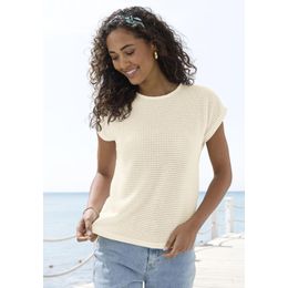 Kurzarmshirt Vivance "aus b&uuml;gelfreiem Waffelstrick", Damen, Gr. 48/50, beige (creme), Strick, Obermaterial: 64% Polyester, 34% Viskose, 2% Elasthan, leicht transparent, unifarben, bequem, Rundhals, Shirts