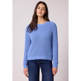 Rundhalspullover Street One, Damen, Gr. 44, bonnet blau, Web, 59% Baumwolle, 41% Polyester, unifarben, normal normal, Rundhals, Rippb&uuml;ndchen, Pullover Rundhalspullover, mit Rippstrick-Struktur