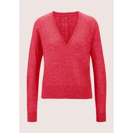 Madeleine Mode Longpullover MADELEINE "Pullover V-Pullover mit Pointelle-Muster", Damen, Gr. 40/42, rot (rot, melange), Obermaterial: 55% Leinen LI. 45% Baumwolle CO., Modern, normal, V-Ausschnitt, Pullover Longpullover