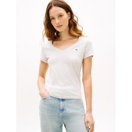 Kurzarmshirt Tommy Jeans "TJW SLIM V-NECK TEE", Damen, Gr. L (40), ice grau heather, Single Jersey, Obermaterial: 100% Baumwolle, meliert, slim fit h&uuml;ftlang, V-Ausschnitt, abgesteppt, Shirts, mit Logo-Stickerei