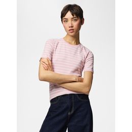 Kurzarmshirt Pieces "PCRUKA SS TOP JRS NOOS BC", Damen, Gr. L, roseate spoonbill stripes:new cloud dancer, Jersey, Obermaterial: 95% Baumwolle, 5% Elasthan, gestreift, slim fit normal, Rundhals, Shirts, mit gerippter Struktur