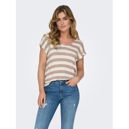 V-Shirt Only "ONLLIRA LIFE S/S V-NECK TOP JRS NOOS", Damen, Gr. XS, beige (mocha meringue stripes:cloud dancer), Jersey, Obermaterial: 95% Viskose, 5% Elasthan, gestreift, regular fit normal, V-Ausschnitt, Shirts