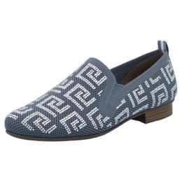Slipper Rieker, Damen, Gr. 38, blau (blau, wei&szlig;), Textil, Schuhe Slipper, Halbschuh, Schlupfschuh, Blockabsatz, Loafer mit Glitzersteinchen