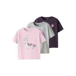T-Shirt name it "NMFBELINA 3P SS NREG TOP PB", M&auml;dchen, Gr. 104, schwarzberry wine pack:grau melange, tender tuch, Jersey, Obermaterial: 100% Baumwolle, mehrfarbig, normal normal, Rundhals, Shirts T-Shirt