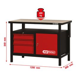 KS Tools Werkbank mit 3 Schubladen und 1 T&uuml;r, H840xB1200xT600mm (865.0003)