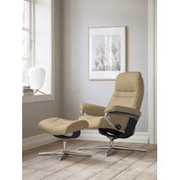 Relaxsessel stressless "Sunrise", beige (sand paloma), B:92cm H:105cm T:80cm, Leder PALOMA: PALOMA ist ein durchgef&auml;rbtes Semianilin-M&ouml;belleder mit nat&uuml;rlicher Narbung., Sessel, Relaxsessel, mit Hocker, mit Cross Base, Gr&ouml;&szlig;e S, M & L, Holzakzent Schwarz