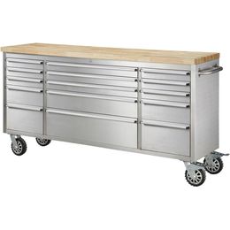 Werkstattwagen ONDIS24 "Werkzeugwagen aus Edelstahl mit 15 Schubladen", silberfarben, B:198cm H:95cm T:49cm, Stahl, Werkstattwagen, fahrbar, kugelgelagerten Schubladen, abschlie&szlig;bar, Massivholzplatte