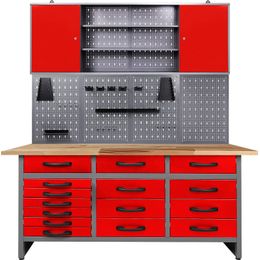 Werkstatt-Set ONDIS24 "Konny", rot (rot, grau), B:160cm H:205cm T:60cm, Metall, Werkb&auml;nke, 160 cm, h&ouml;henverstellbar, inkl. Hakenset