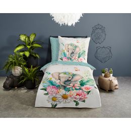 Kinderbettw&auml;sche Good Morning "Eli", gr&uuml;n, B/L: 135cm x 200cm, 1 Stk., 1 Stk., Renforc&eacute;, B/L: 80cm x 80cm, 2 Stk., Renforc&eacute;, Obermaterial: 100% Baumwolle, Bettw&auml;sche, Baumwolle, 135x200, Rei&szlig;verschluss, Wendeoptik, Kind, M&auml;dchen, Elefant