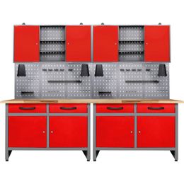 Werkstatt-Set ONDIS24 "Werner", rot, B:240cm H:205cm, Massivholz, Metall, Werkb&auml;nke, 240 cm, mit LED