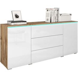 Sideboard Home Affaire "VERA, grifflos", braun (eichefarben votan, wei&szlig; hochglanz), B:150cm H:67,9cm T:39,5cm, Sideboards, Sideboard, verstellbare Einlegeb&ouml;den, Wahlweise mit oder ohne Beleuchtung, Topseller