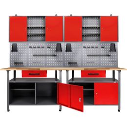 Werkstatt-Set ONDIS24 "Klaus mit LED", rot (anthrazit, rot), B:240cm H:205cm T:60cm, Metall, Werkb&auml;nke, 240 cm