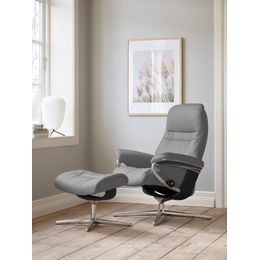 Relaxsessel stressless "Sunrise", grau (grau batick), B:92cm H:105cm T:80cm, Leder BATICK: BATICK ist ein leicht korrigiertes, durchgef&auml;rbtes und genarbtes M&ouml;belleder, bei dem die meisten Unebenheiten und Spuren in der Regel entfernt wurden., Sessel, Relaxsessel, mit Hocker, mit Cross Base, Gr&ouml;&szlig;e S, M & L, Holzakzent Schwarz