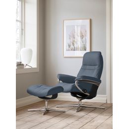 Relaxsessel stressless "Sunrise", blau (sparrow blau paloma), B:83cm H:105cm T:74cm, Leder PALOMA: PALOMA ist ein durchgef&auml;rbtes Semianilin-M&ouml;belleder mit nat&uuml;rlicher Narbung., Sessel, Relaxsessel, mit Hocker, mit Cross Base, Gr&ouml;&szlig;e S, M & L, Holzakzent Schwarz