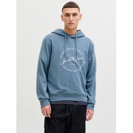 Jack & Jones Kapuzensweatshirt JACK & JONES "JJGRAYSON SWEAT HOOD", Herren, Gr. S, blau mirage, angeraute Sweatware, Obermaterial: 65% Polyester, 35% Baumwolle, bedruckt, regular fit, Rippb&uuml;ndchen, Sweatshirts