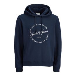 Jack & Jones PlusSize Kapuzensweatshirt "JJGRAYSON SWEAT HOOD PLS", Herren, Gr. 4XL, navy blazer, angeraute Sweatware, Obermaterial: 60% Polyester, 40% Baumwolle, JACK & JONES PLUSSIZE, bedruckt, regular fit, Rippb&uuml;ndchen, Sweatshirts