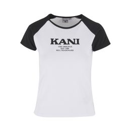T-Shirt Karl Kani "Karl Kani Damen KW242-005-1 Retro Tiny Tee", Damen, Gr. XXS, wei&szlig;, schwarz, 95% Baumwolle, 5% Elasthan, bedruckt, skinny fit, Rundhals, Shirts T-Shirt