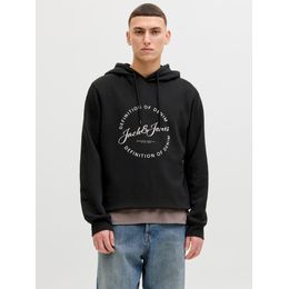 Jack & Jones Kapuzensweatshirt JACK & JONES "JJGRAYSON SWEAT HOOD", Herren, Gr. M, schwarz, angeraute Sweatware, Obermaterial: 65% Polyester, 35% Baumwolle, bedruckt, regular fit, Rippb&uuml;ndchen, Sweatshirts