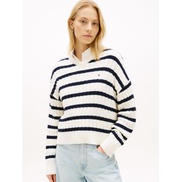 Strickpullover Tommy Hilfiger "CO CABLE MID GG RLX LS V-NK SWT", Damen, Gr. S (36/38), ivory petal, schwarz n navy stp, Strick, Obermaterial: 100% Baumwolle, gestreift, relaxed fit normal, V-Ausschnitt, Pullover Strickpullover, mit Zopfmuster