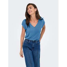 V-Shirt Only "ONLFREE S/S MOD.V-NECK TOP JRS NOOS", Damen, Gr. S, riviera, Jersey, Obermaterial: 70% Modal, 30% Polyester, unifarben, regular fit normal, V-Ausschnitt, Shirts