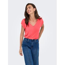 V-Shirt Only "ONLFREE S/S MOD.V-NECK TOP JRS NOOS", Damen, Gr. XS, sugar coral, Jersey, Obermaterial: 70% Modal, 30% Polyester, unifarben, regular fit normal, V-Ausschnitt, Shirts