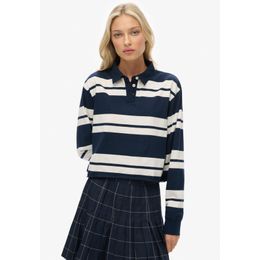 Langarm-Poloshirt Superdry "ATH ESS CROPPED STRIPE RUGBY", Damen, Gr. L, richest navy stripe, Single Jersey, Obermaterial: 100% Baumwolle, gestreift, oversize normal, ohne Ausschnitt, Shirts