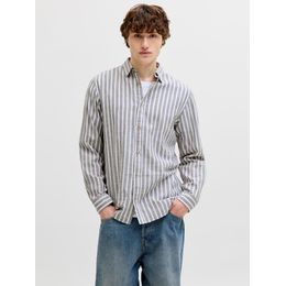 Jack & Jones Langarmhemd JACK & JONES "JJESUMMER LINEN BLEND SHIRT L/S SN", Herren, Gr. L, N-Gr, vetiver stripes:stripes, Web, Obermaterial: 70% Baumwolle, 30% Leinen, gestreift, normal normal, Hemden, Baumwollmischung, regular fit