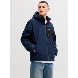 Jack & Jones Softshelljacke JACK & JONES "JJNORTH SOFTSHELL JACKET", Herren, Gr. S, navy blazer, Web, Obermaterial: 100% Polyester, kontrastfarbene Details, unifarben, regular fit h&uuml;ftlang, mit Riegel, Jacken Softshelljacke